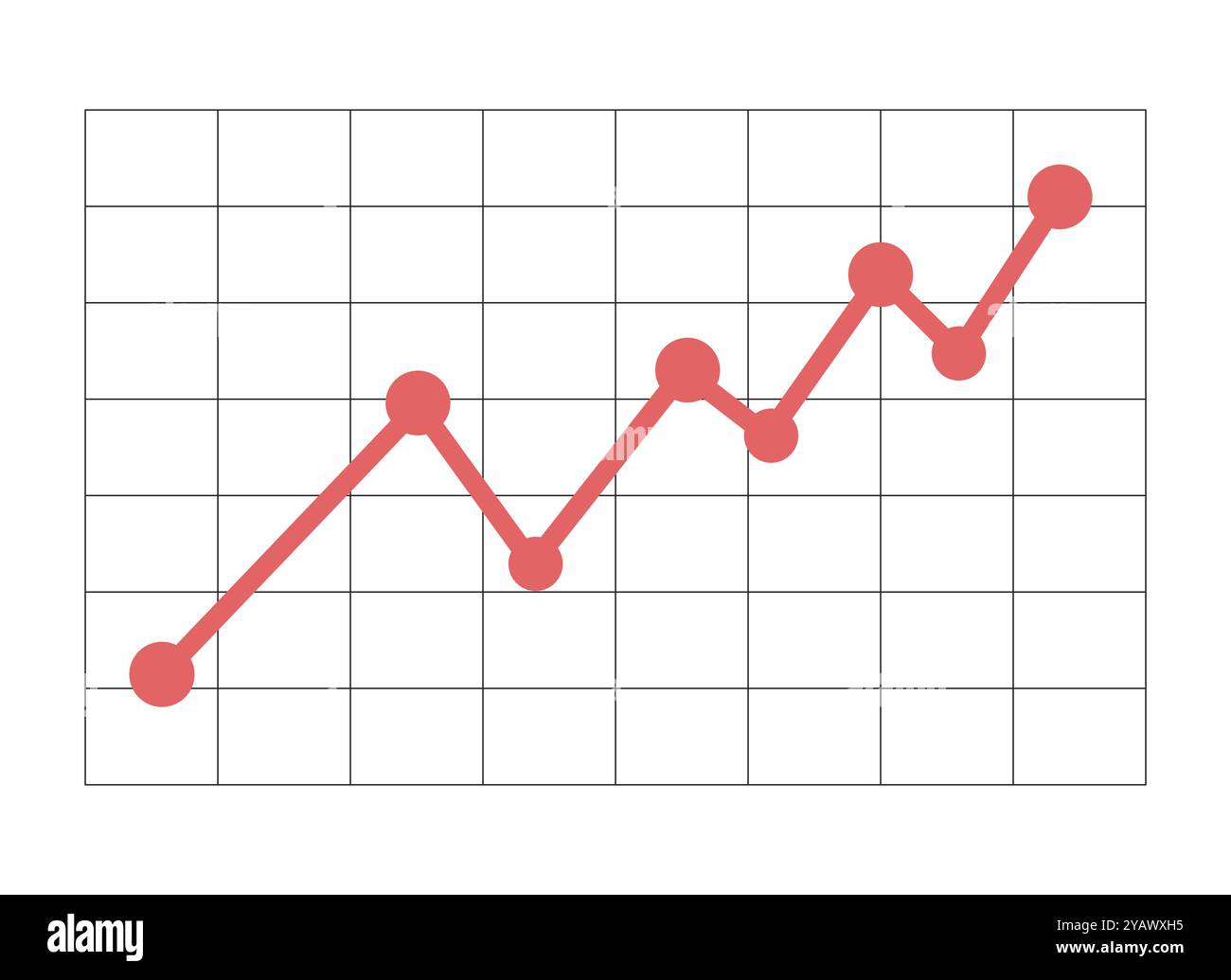 Rising up data points line chart against grid pattern black and white ...