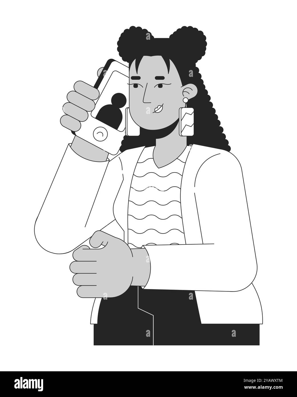 Hispanic curly hair woman mobile phone call black and white 2D line ...