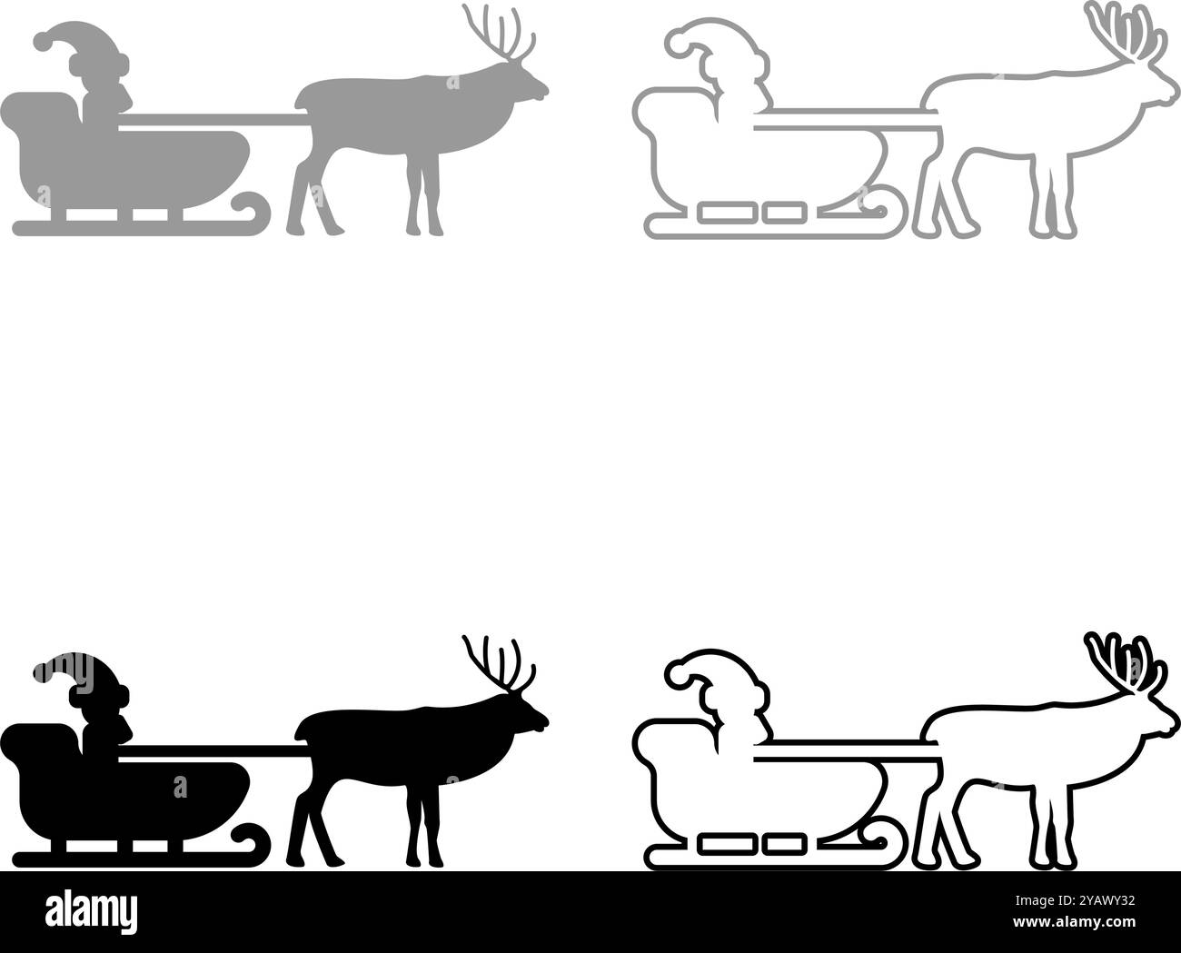 Santa Claus in a reindeer wagon chariot with sled set icon grey black ...