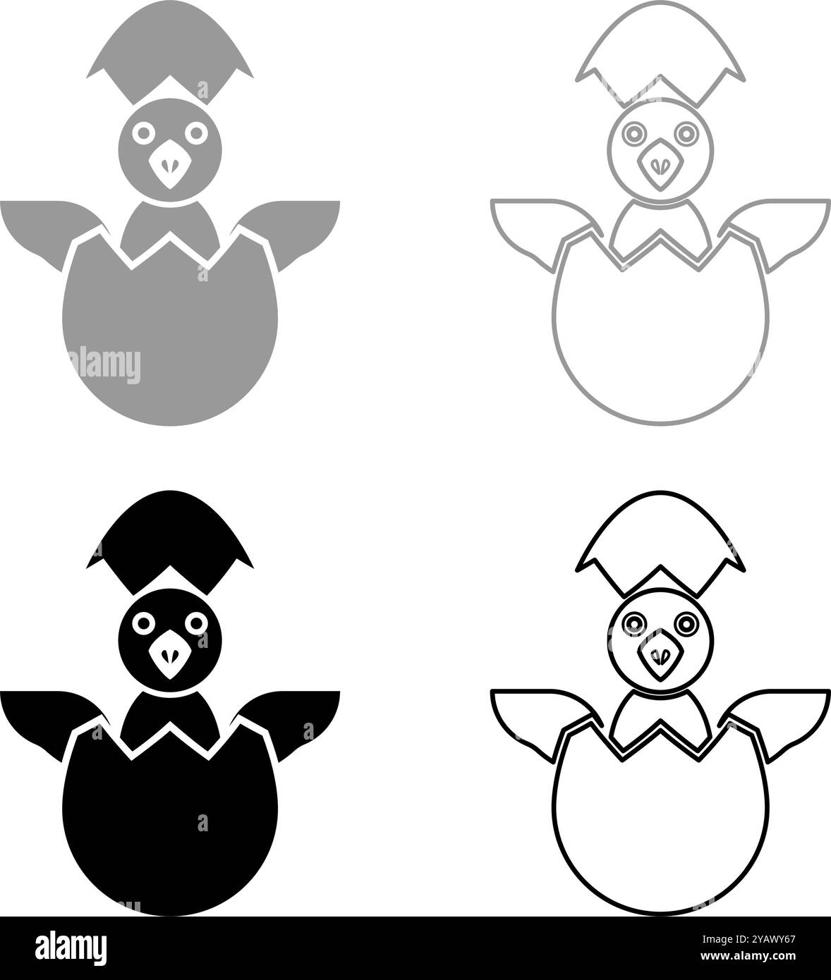Chicks hatch from the egg baby bird cracked eggshell set icon grey ...