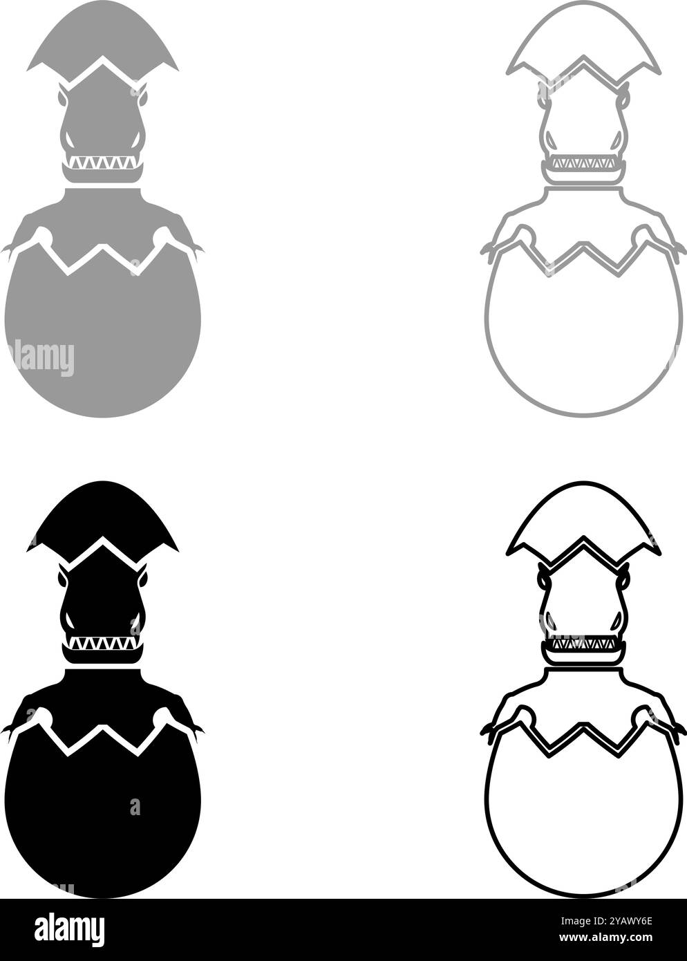 Evil dinosaur hatch from egg cracked eggshell set icon grey black color ...