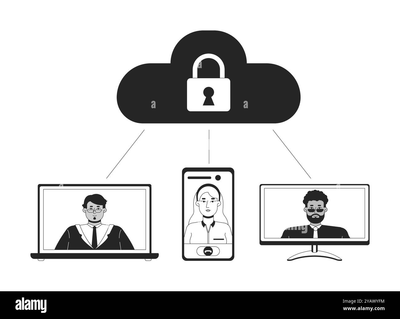Secure cloud storage for small business black and white 2D illustration ...