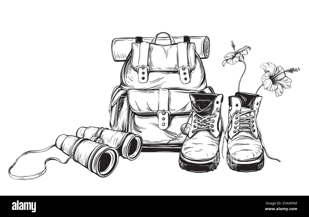 Turist composition of Backpack and binocular, Hiking boots and hibiscus ...
