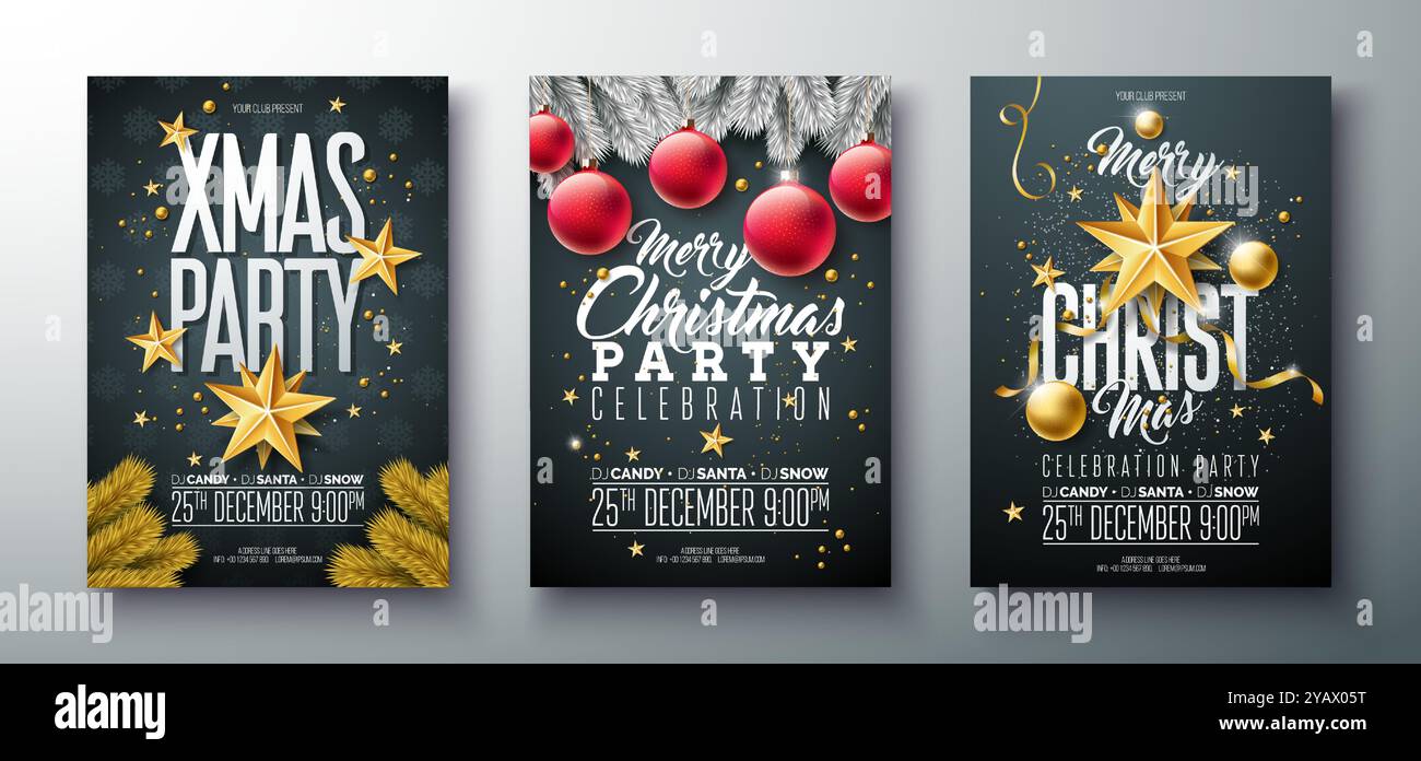 Vector Merry Christmas Party Flyer Design with Ornamental Glass Ball ...