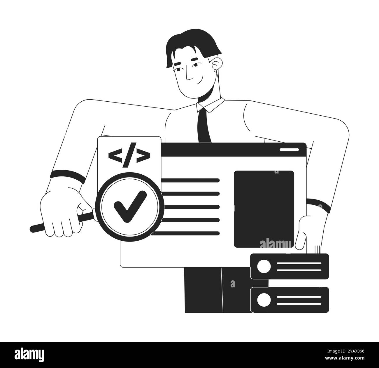 Tester searching bug in software black and white 2D illustration ...