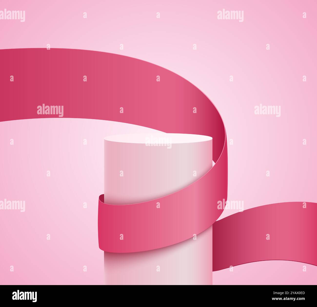 Cylindrical podium or platform wrapped with red gift ribbon on abstract ...