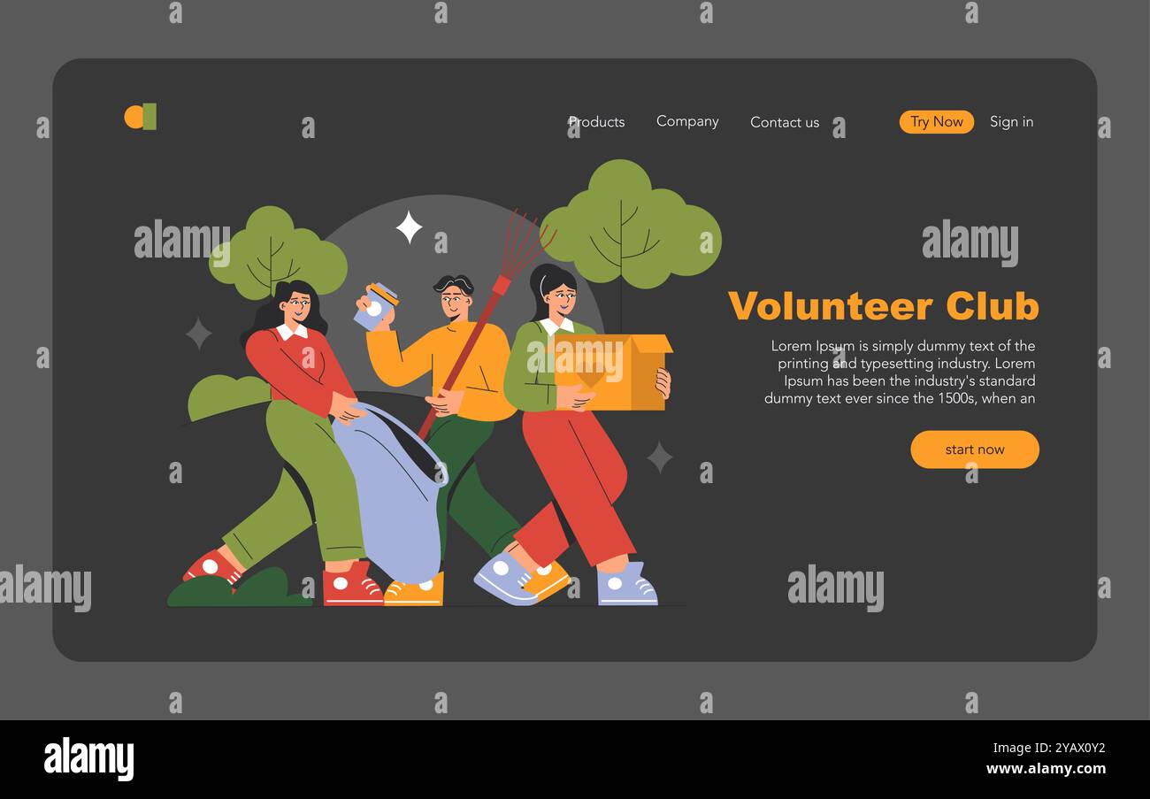 Volunteer club concept. People engaged in community service and environmental care. Teamwork in ...