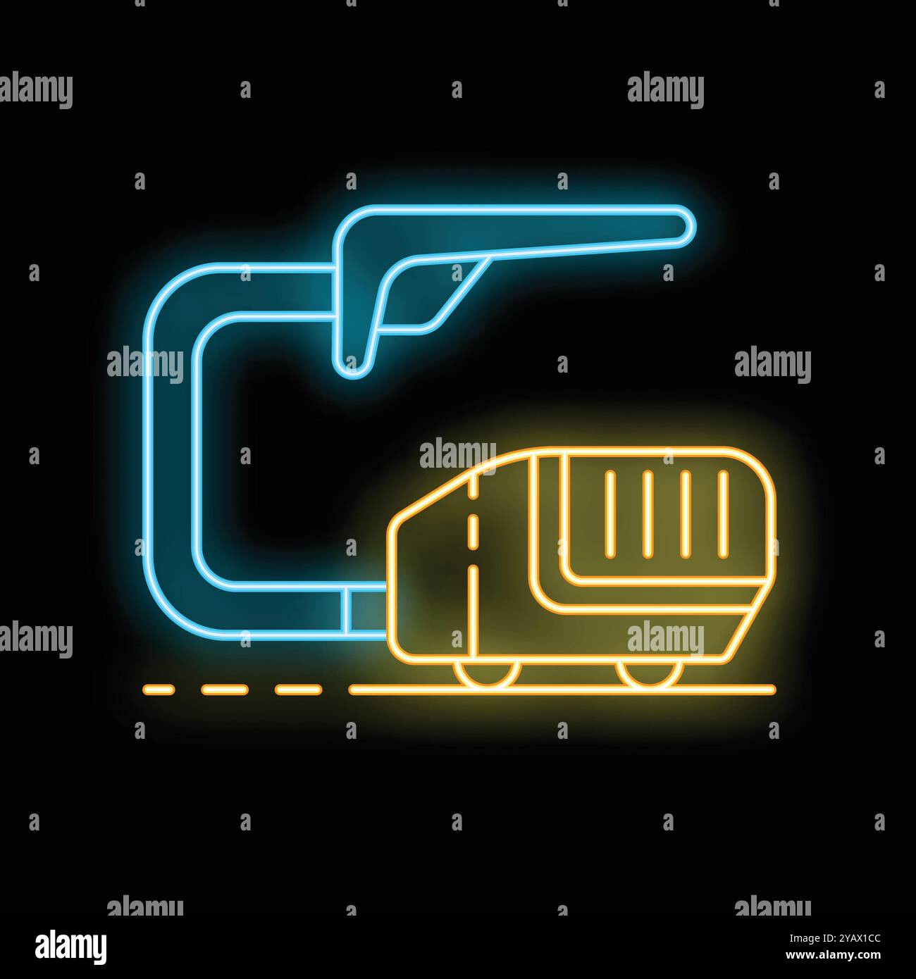 Brightly lit neon tram arriving at a public transportation stop sign on ...