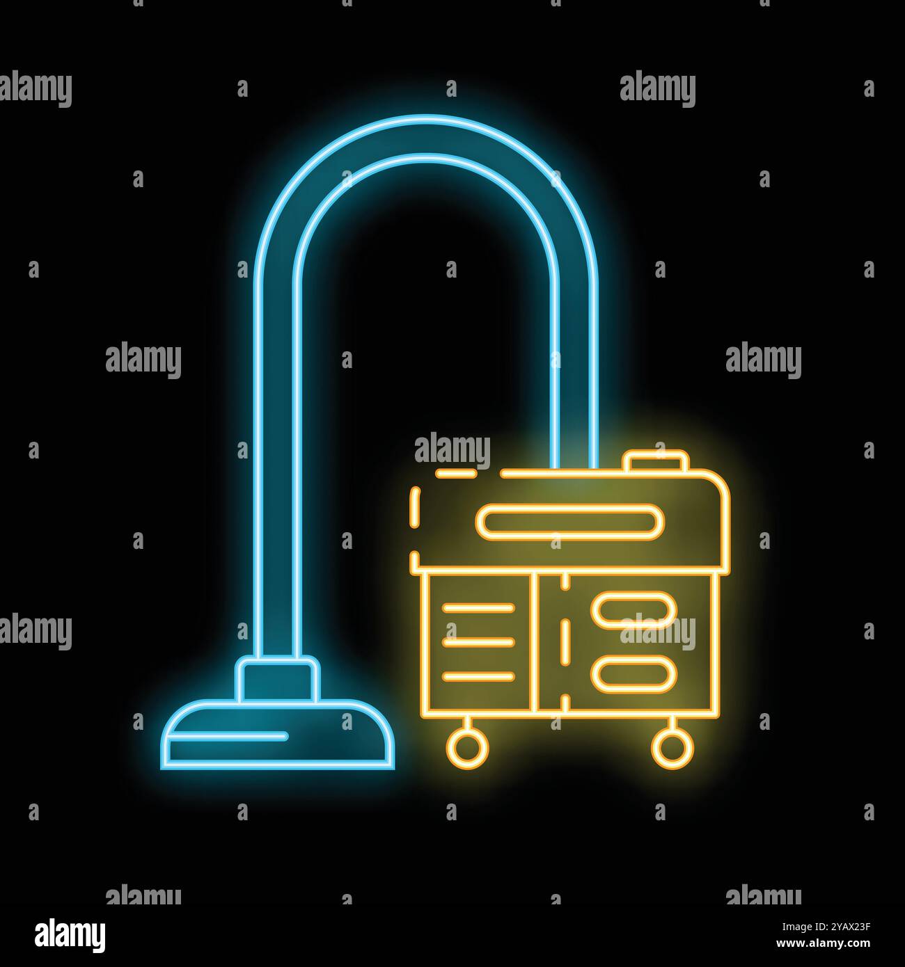 Neon vacuum cleaner glowing in blue and yellow on a black background ...