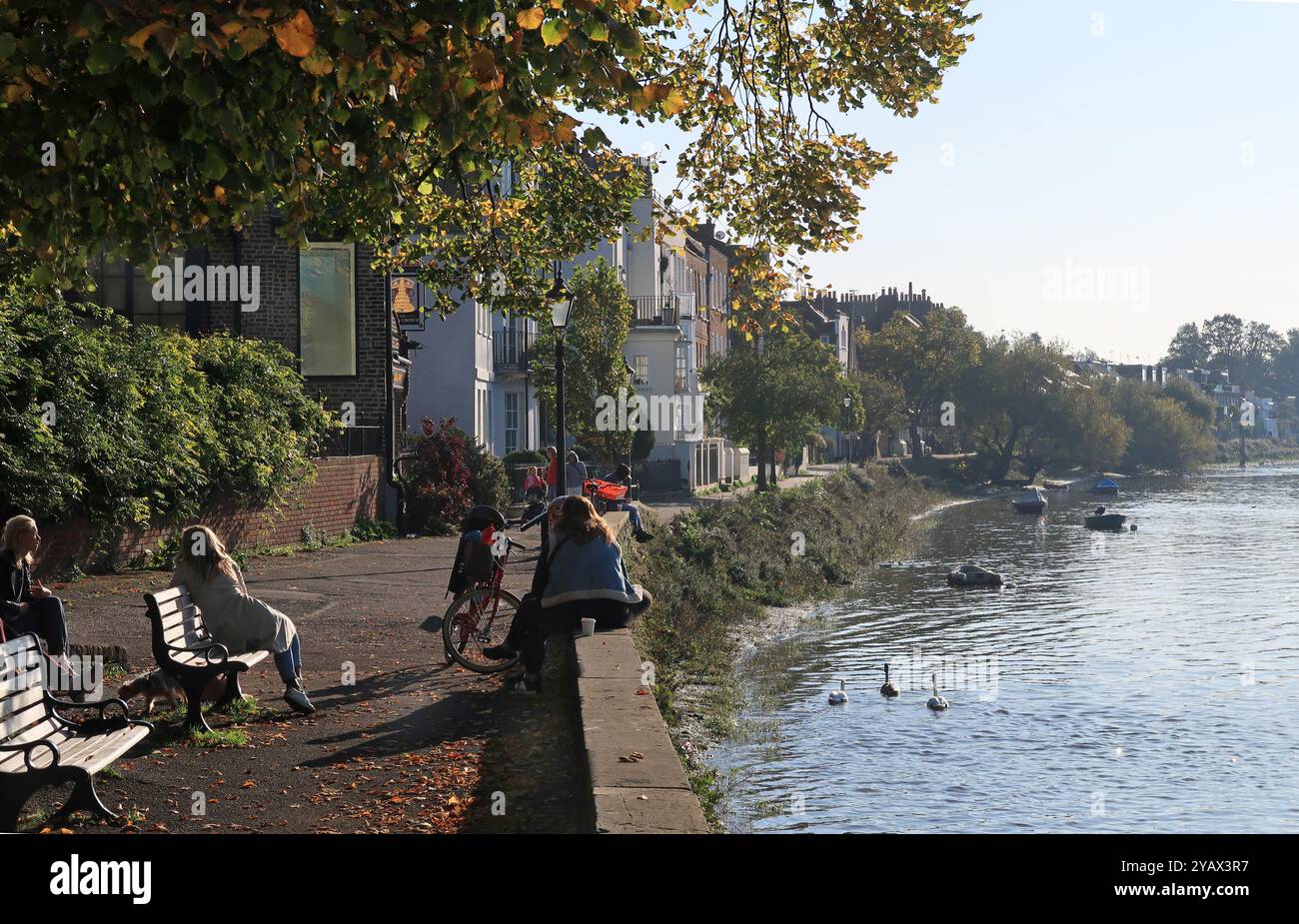 Walkers and cyclists relax on the north bank of the River Thames at ...
