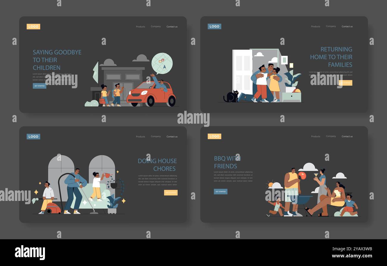 Family Routine set. Daily activities from saying goodbye to children ...