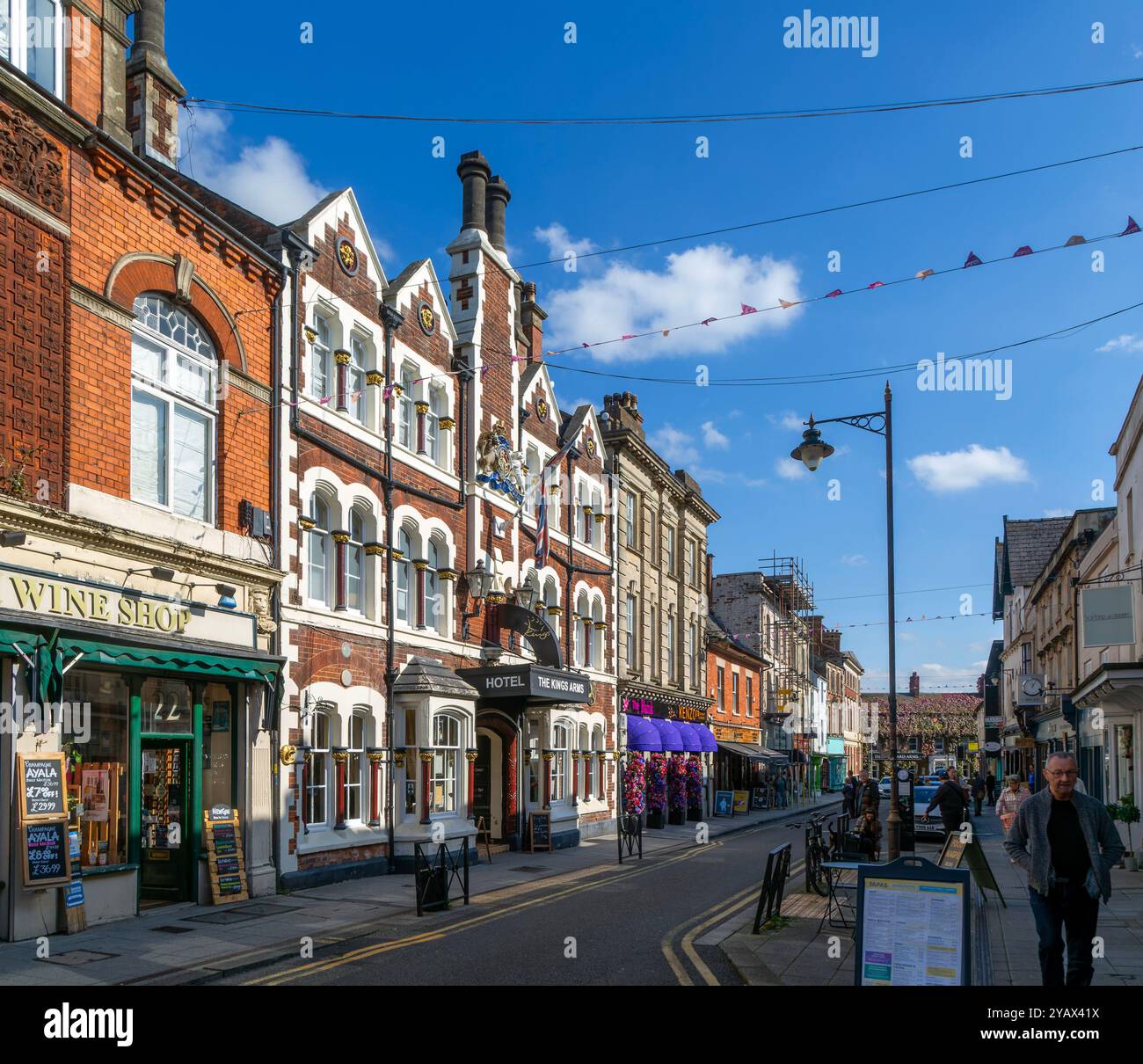 Historic buildings the Kings Arms Hotel and shops in Wood Street, Old ...
