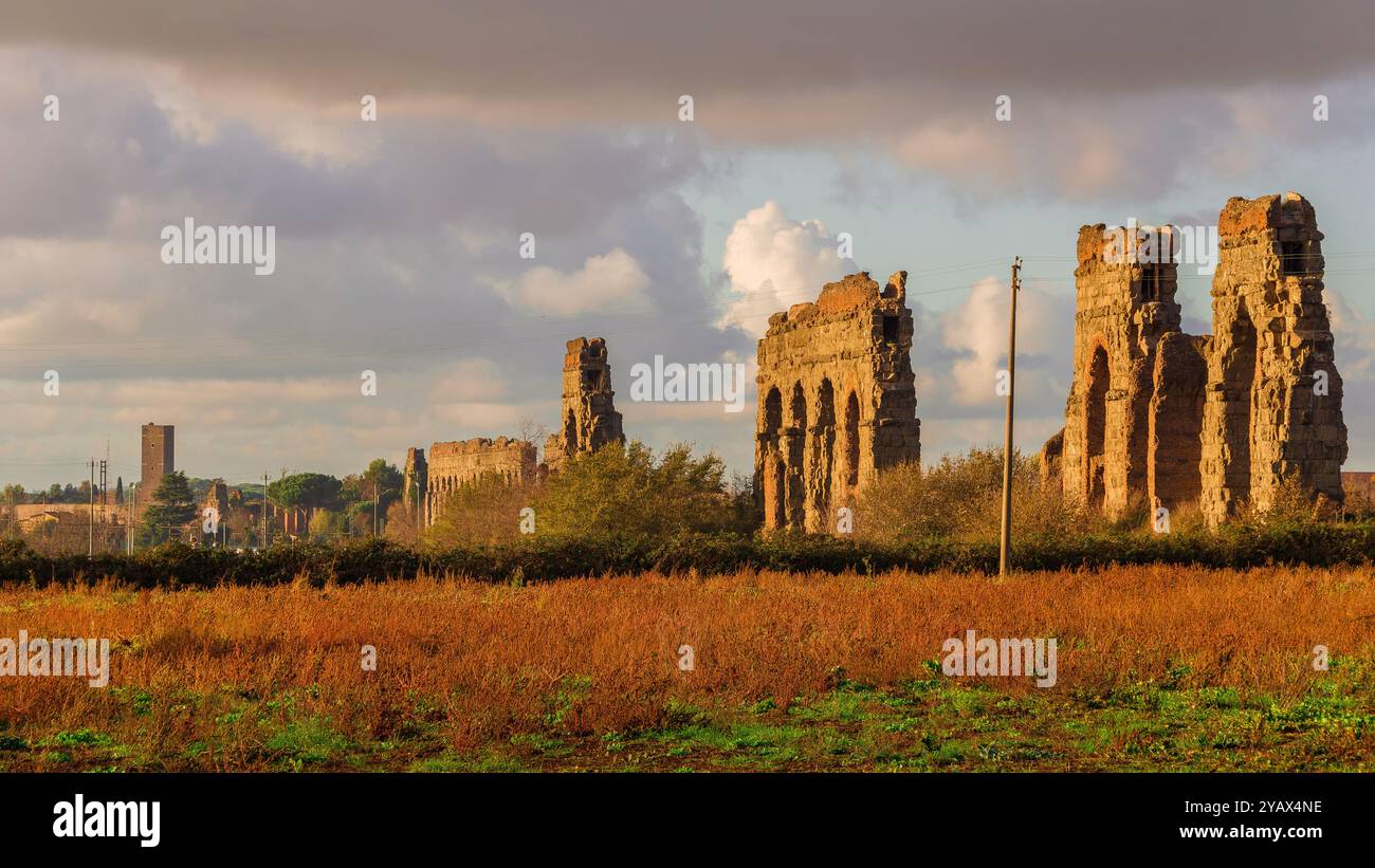 Ancient roman aqueduct beautiful arches ruins in Rome public park at ...