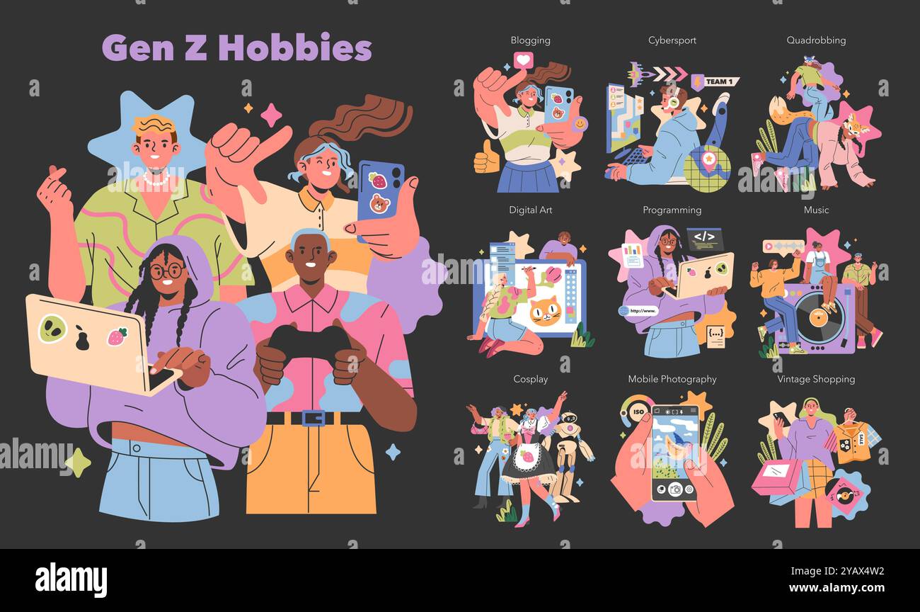 Gen Z Hobbies concept. Diverse young adults engaging in activities like ...