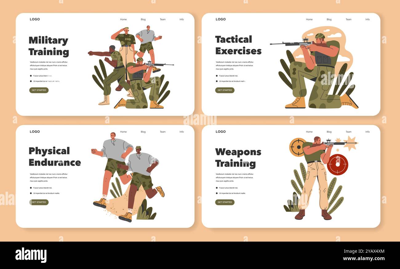 Military training set. Soldiers engage in outdoor survival, salute for ...