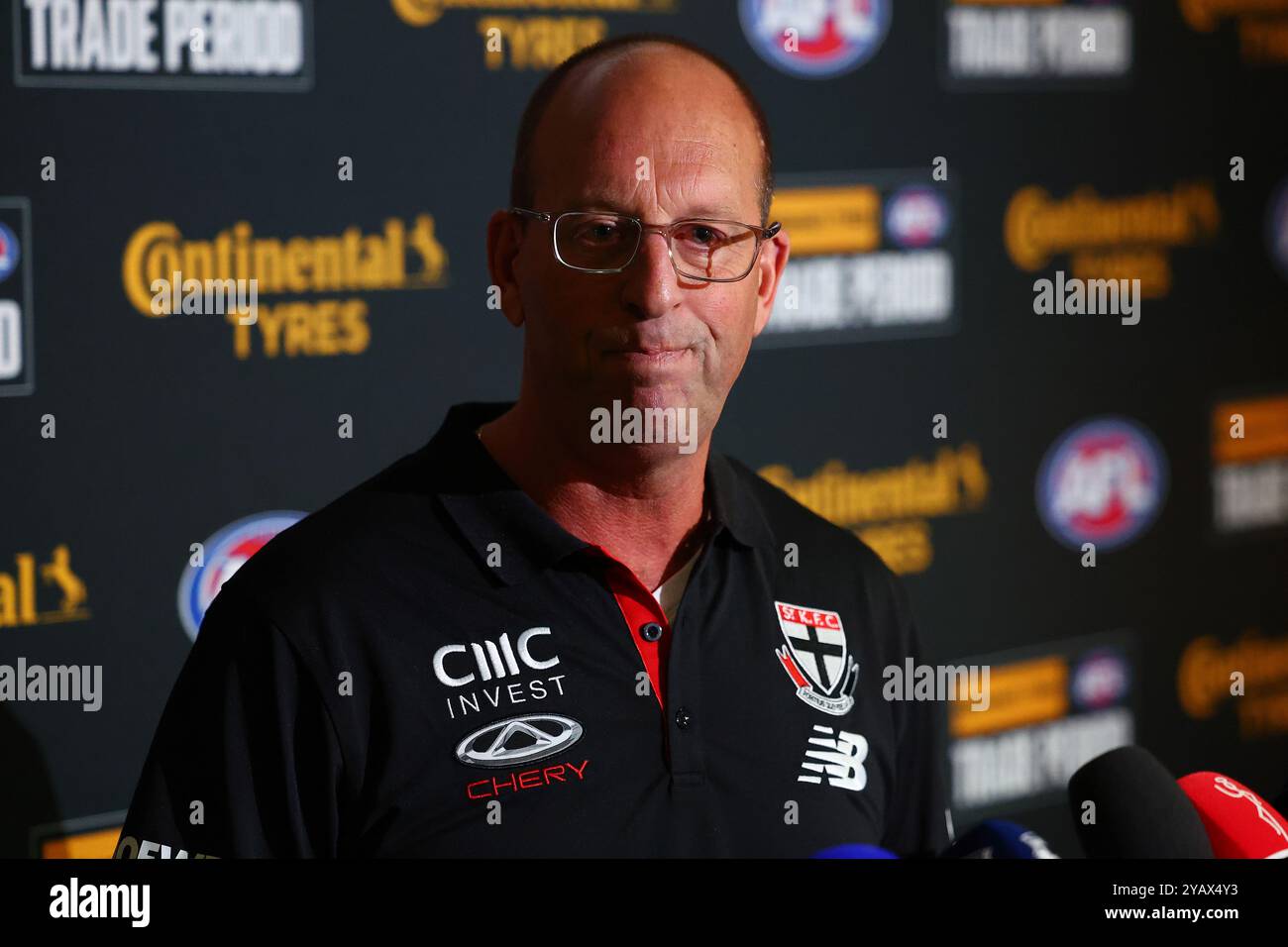 David Misson, St Kilda GM of Football speaks to media during the 2024 ...