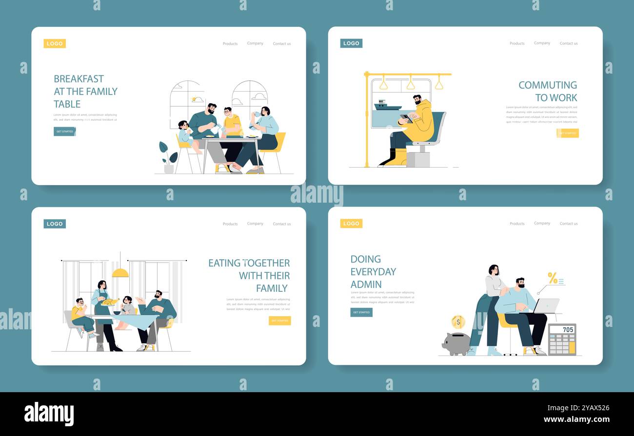 Daily Routine set. Family meals and work commute captured in modern ...