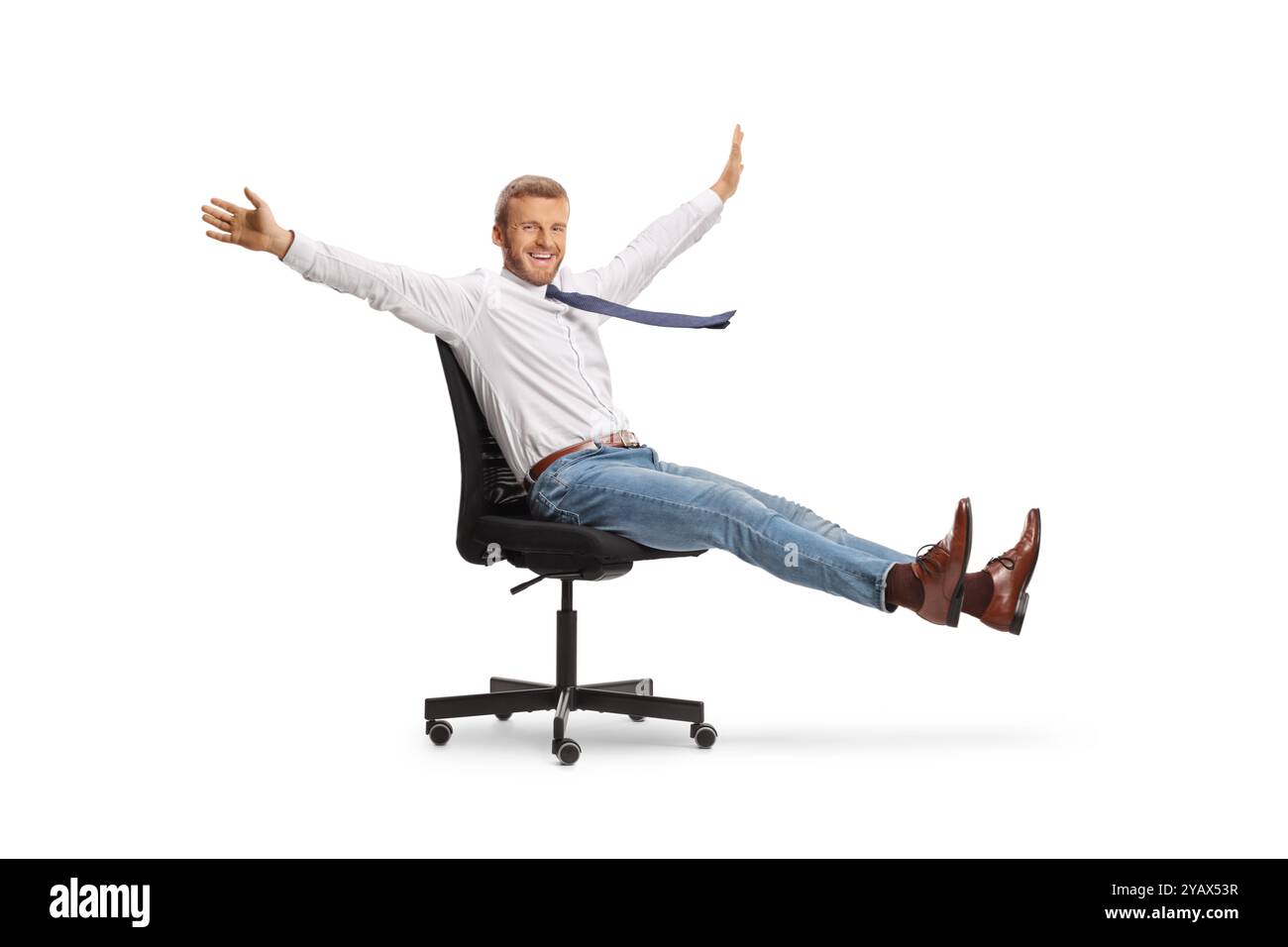 Happy man sitting in an office chair and smiling isolated on white ...