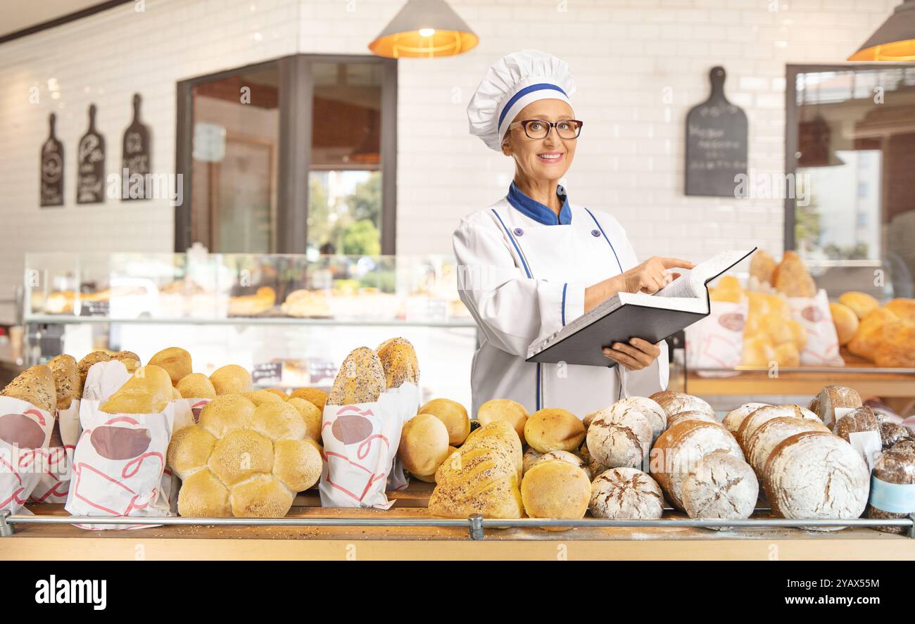 Female baker with a cook book standing inside a bakery Stock Photo - Alamy
