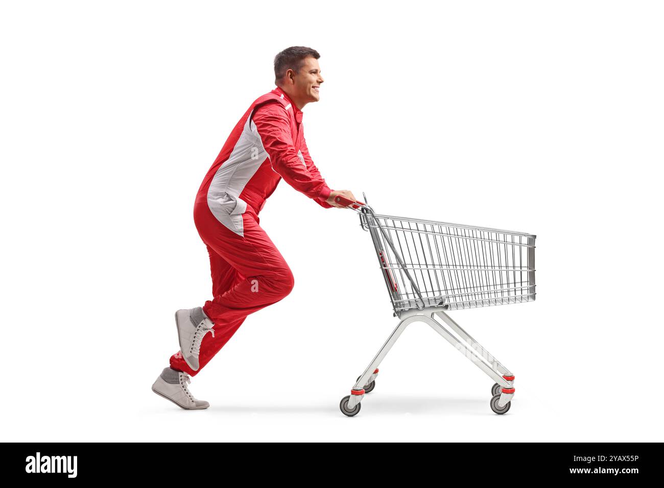 Car racer pushing a shopping cart and running isolated on white ...