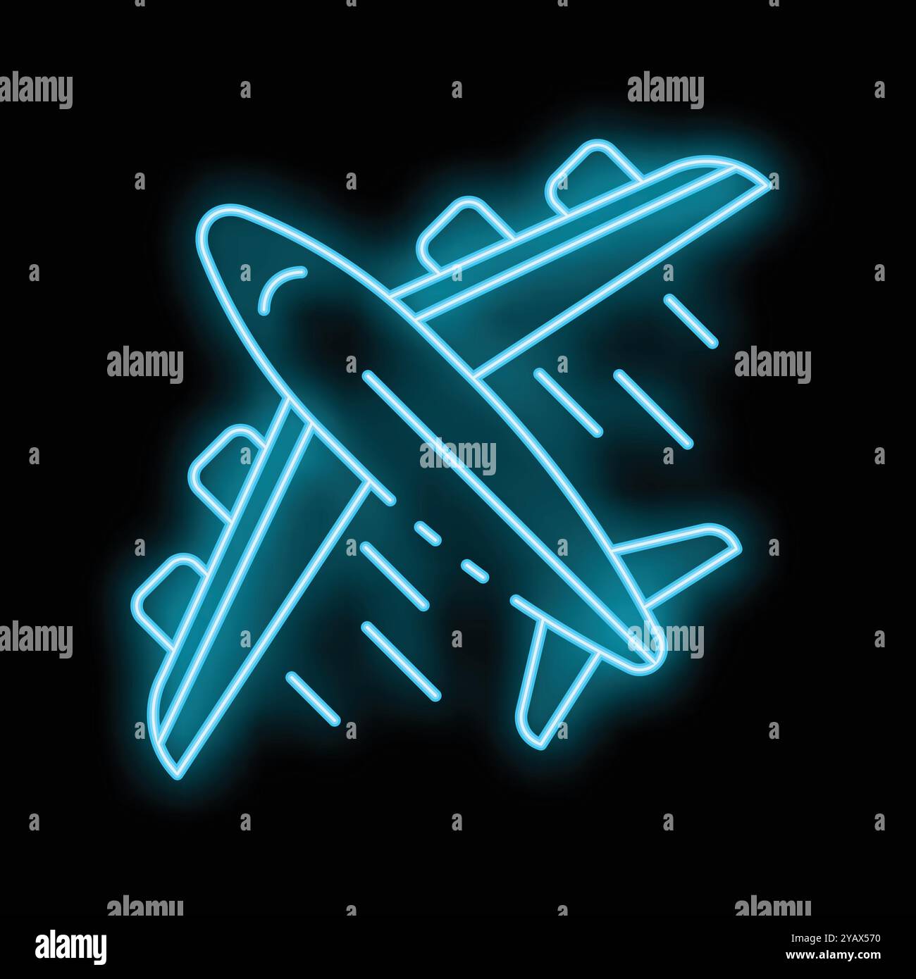 Bright blue neon airplane taking off on a black background Stock Vector ...