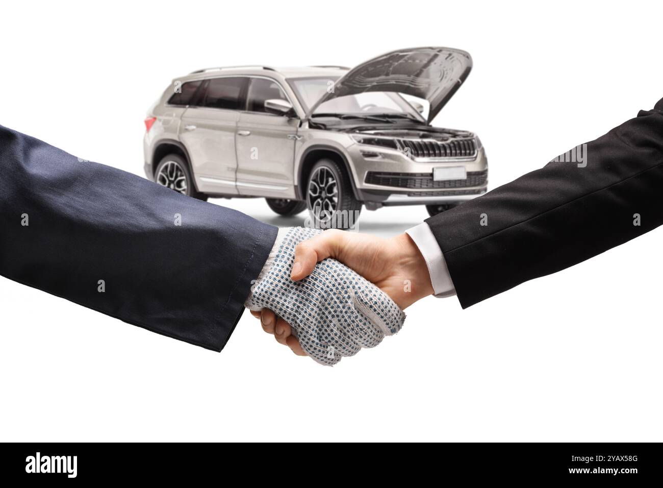 SUV driver shaking hand with car mechanic isolated on white background ...