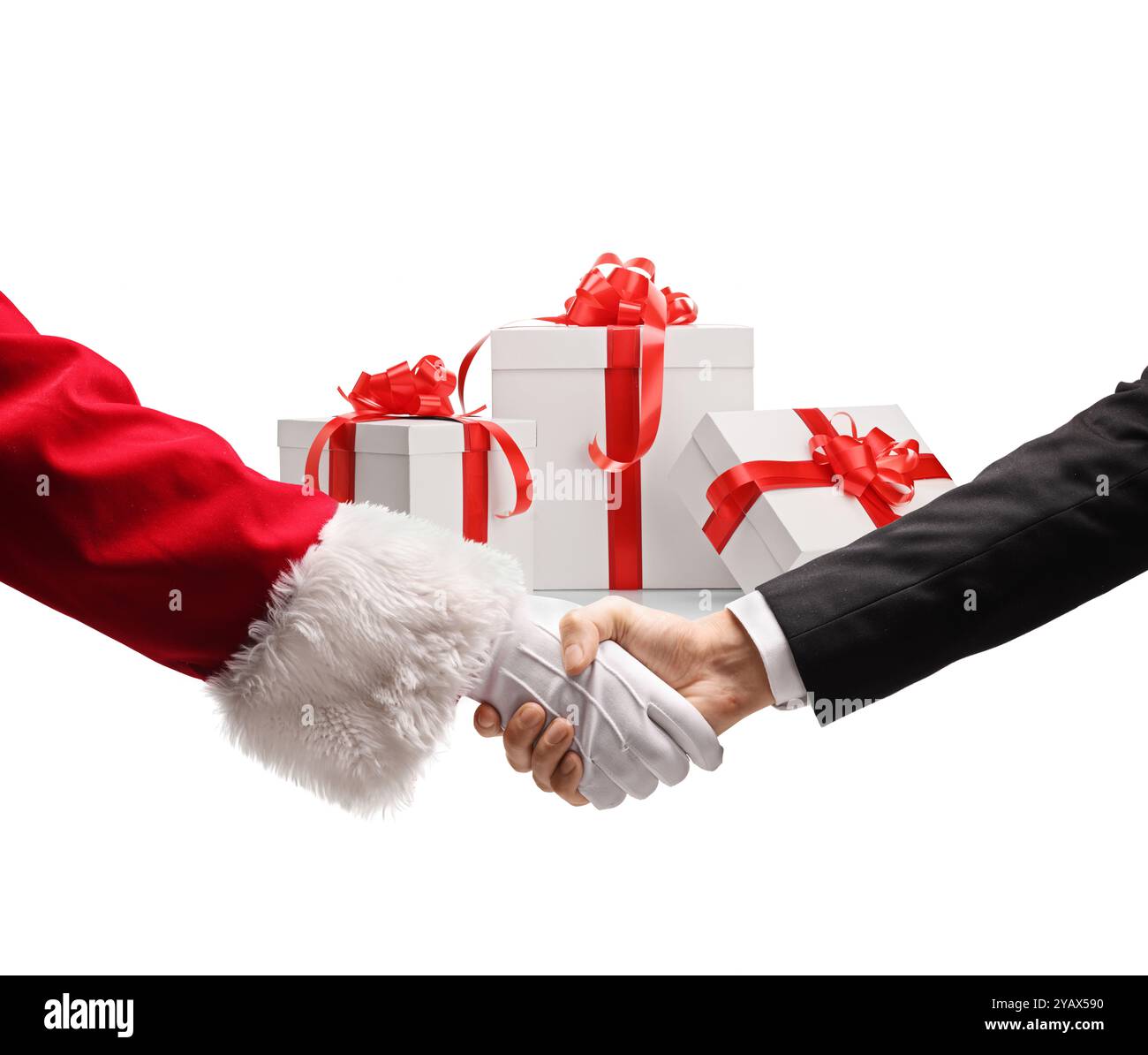 Santa claus shaking hand with a businessman isolated on white ...