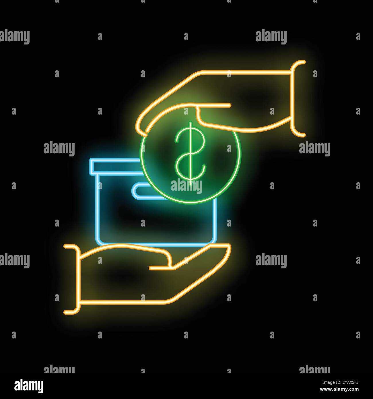 Neon glowing icon of hands putting a coin in a donation box on a black ...