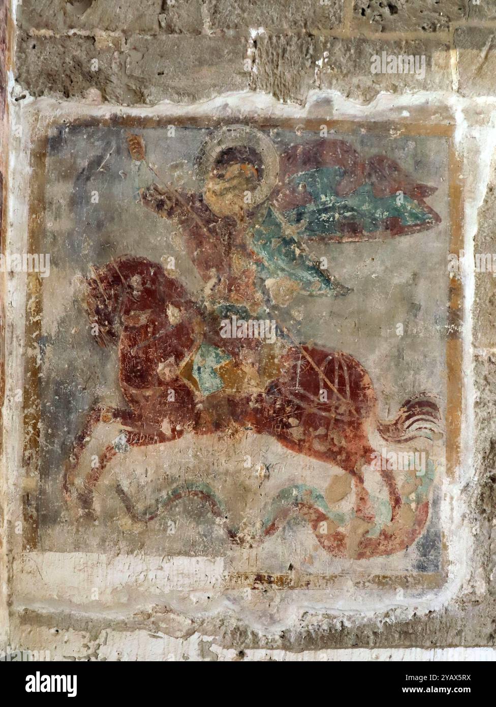 Wall painting of the warrior St Theodore on his Red Horse in the ...