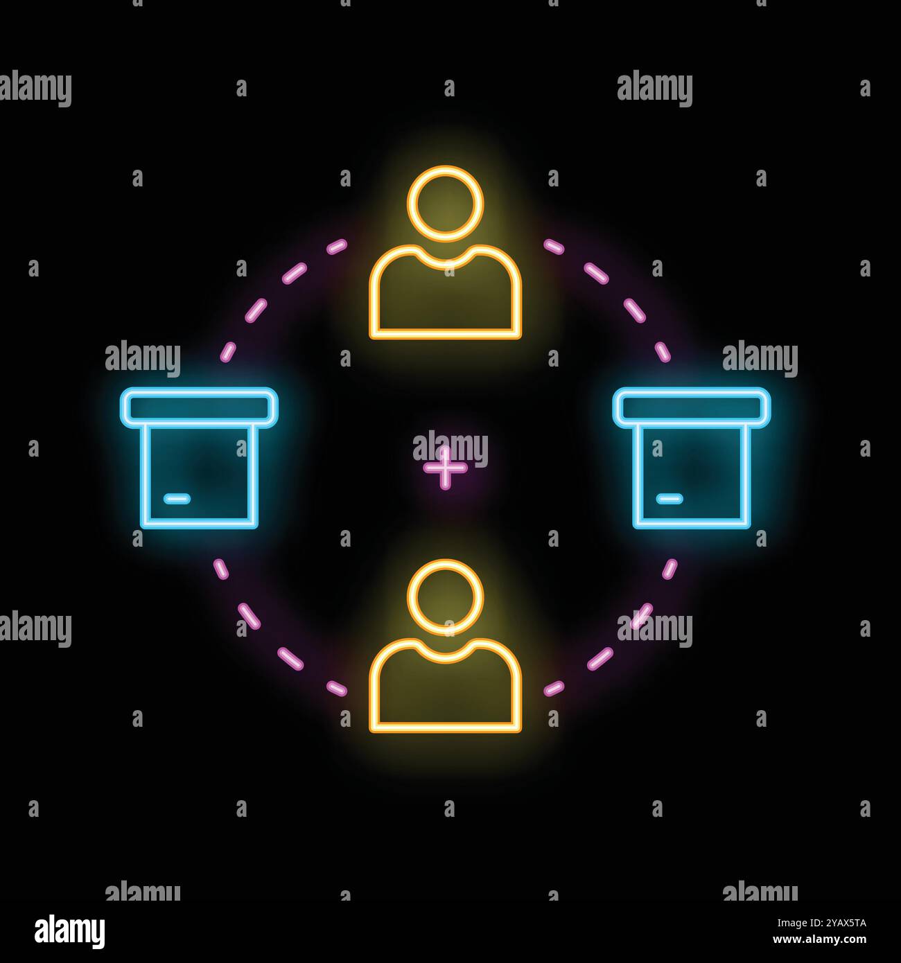 Neon glowing icon of people sharing files representing data exchange ...