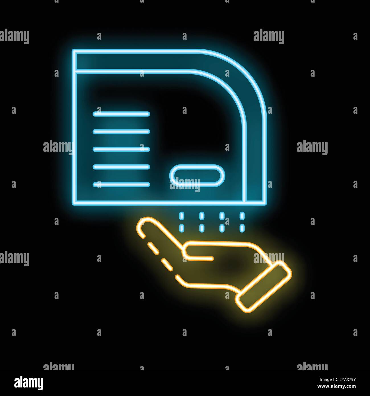 Neon hand dryer blowing air on an open hand, a bright sign for ...