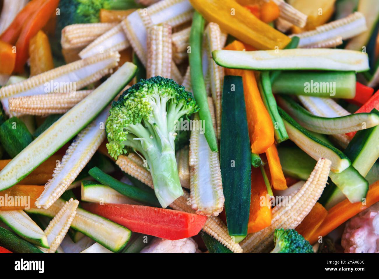 healthy freshly cut chopped vegetables background, carrot, broccoli ...