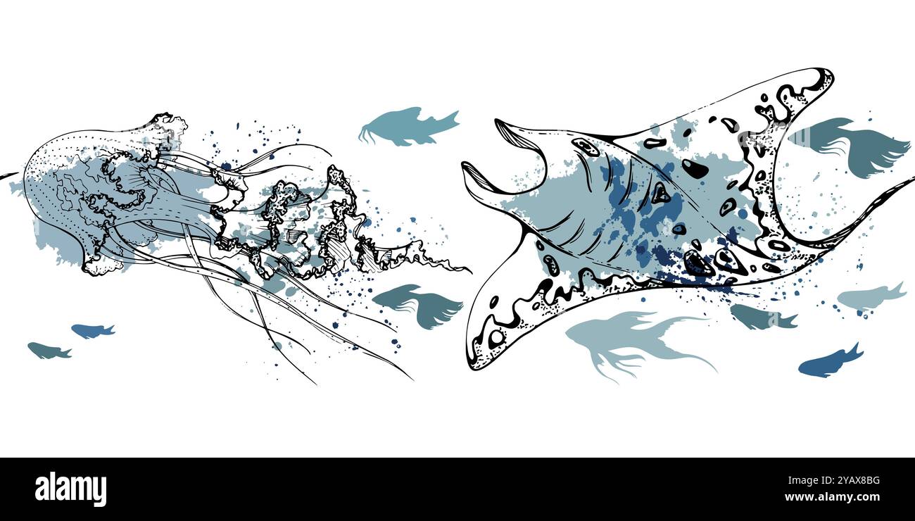 Marine life, sea ocean underwater creatures fish, shells algae seaweed ...