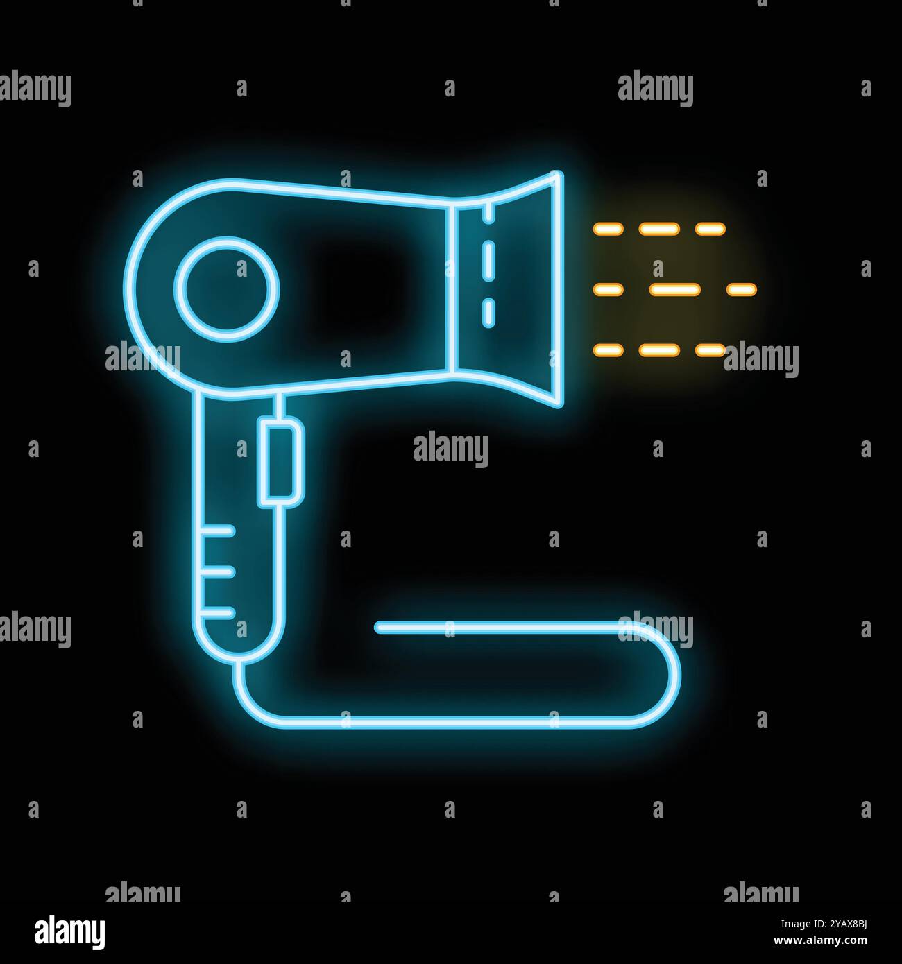 Blue neon sign of a hair dryer blowing hot air, on a black background ...