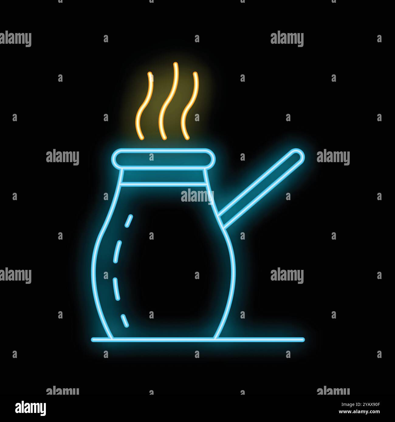 Glowing neon blue icon of a turkish coffee pot with steam coming out of ...