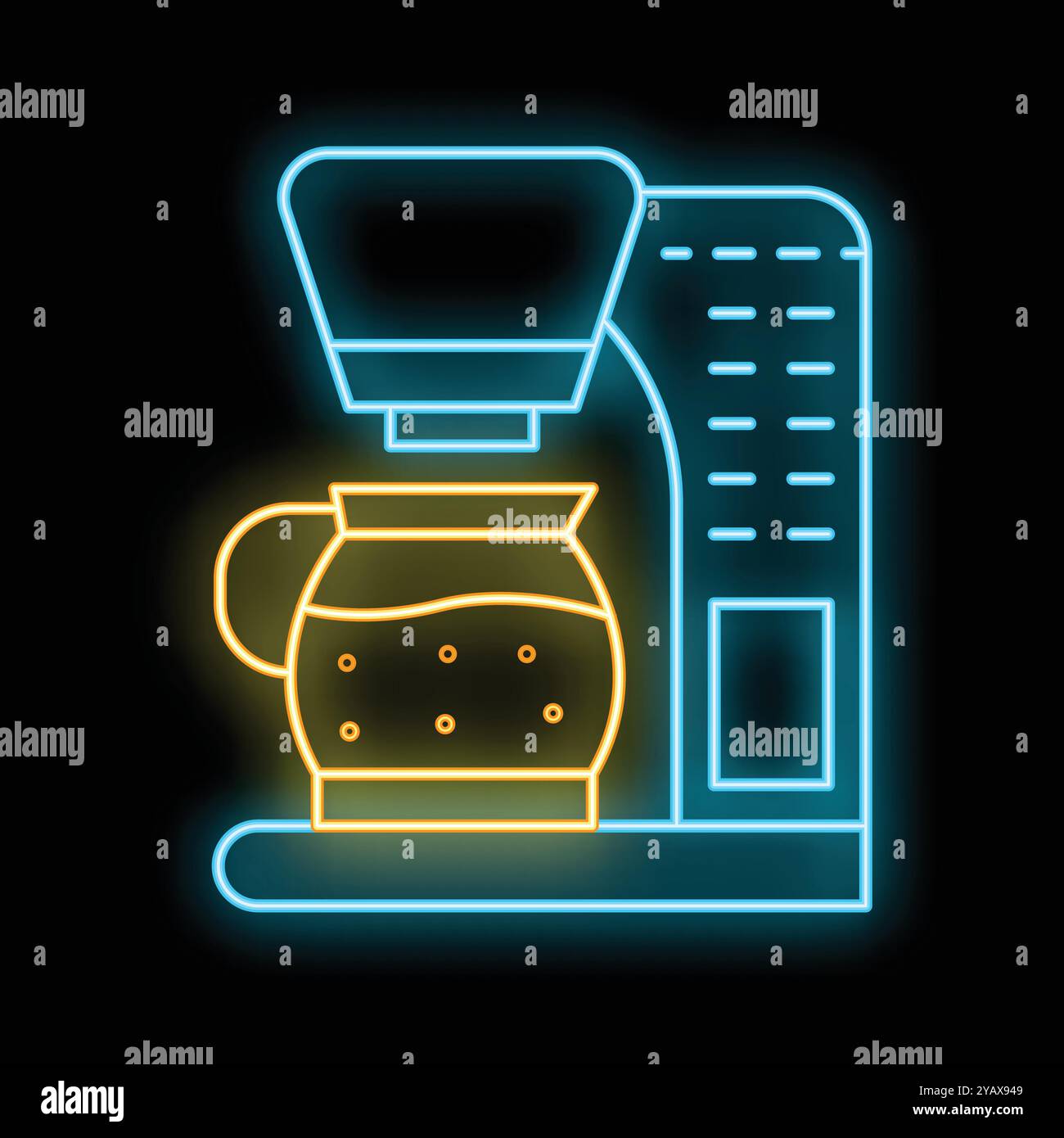 Bright neon icon of a drip coffee machine brewing coffee into a glass ...