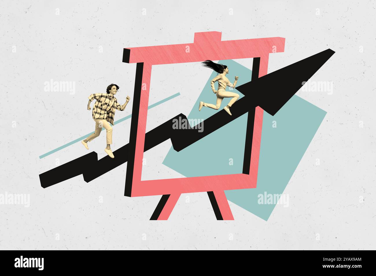 Creative collage picture young energetic woman achieve goal persistence ...