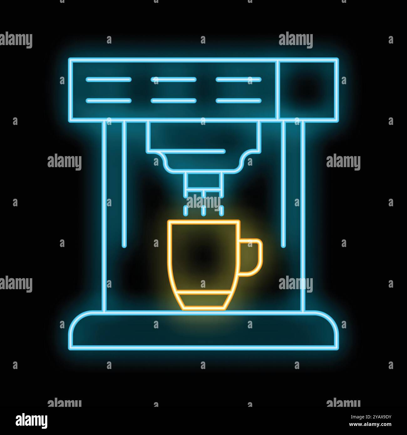 Neon glowing sign of a coffee machine pouring a fresh espresso in a cup ...