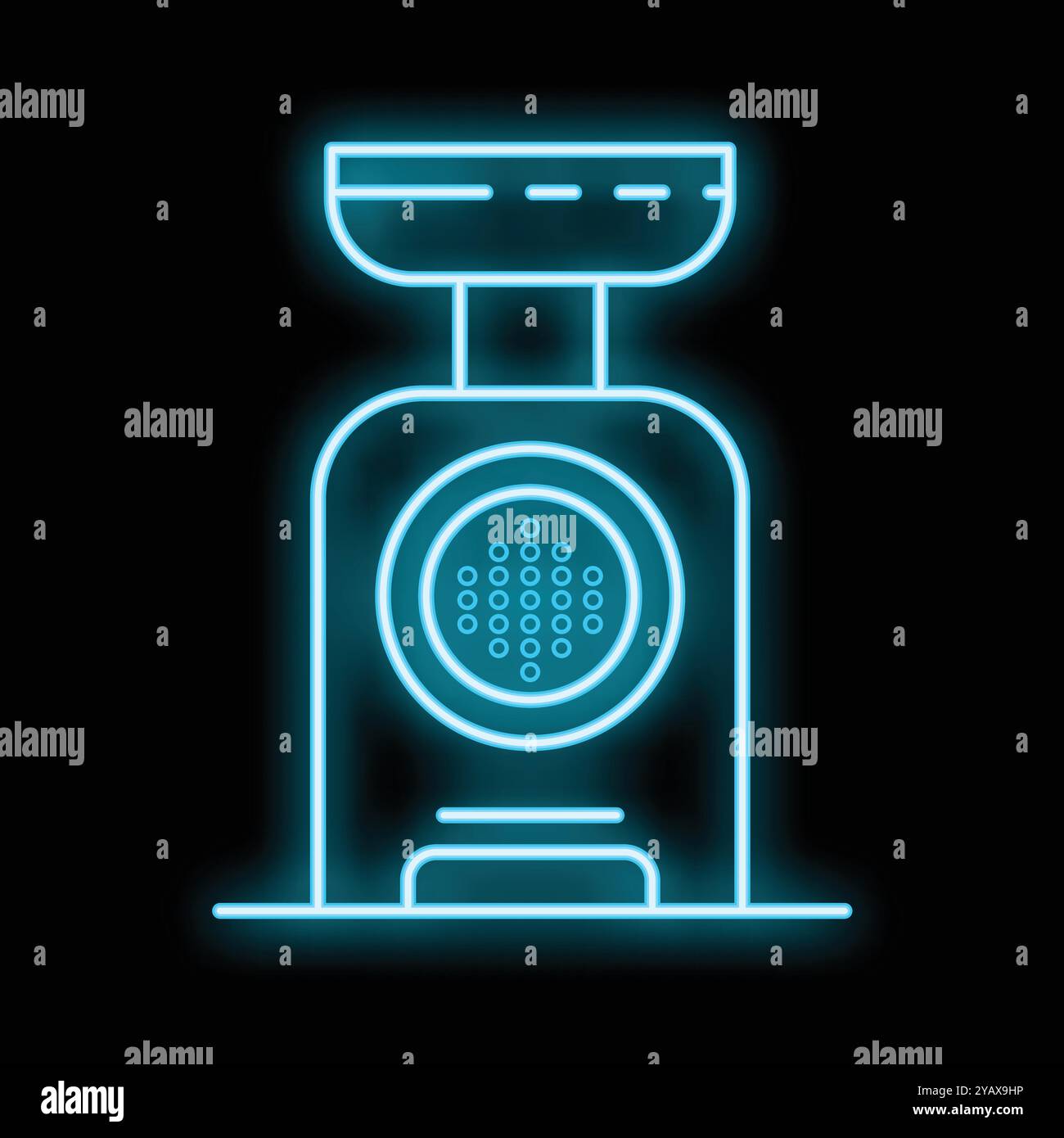 Glowing neon line electronic scales icon isolated on black background ...