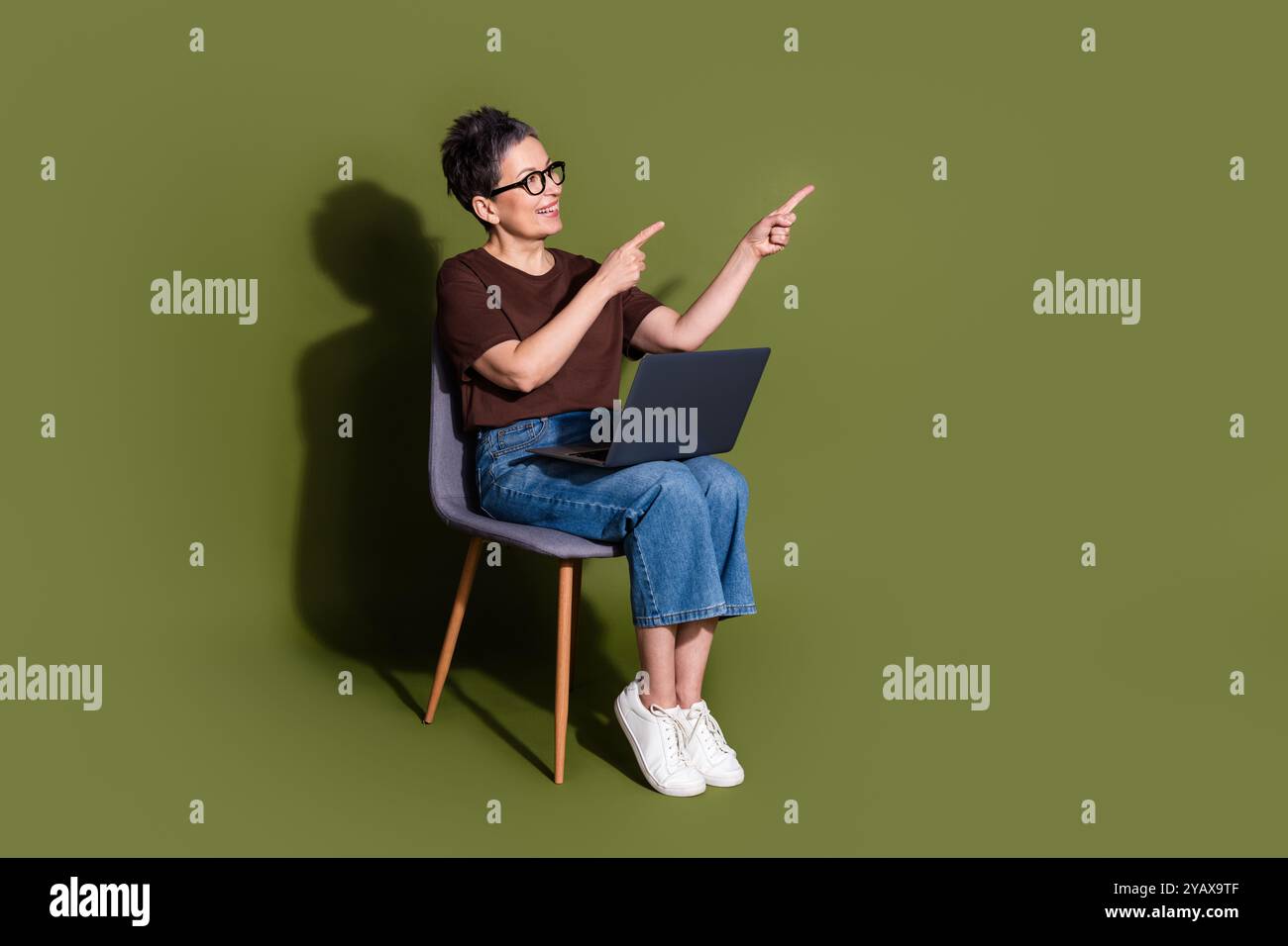 Full size photo of lovely pensioner lady sit chair netbook look point ...