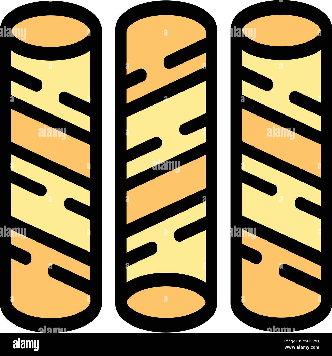 This vector illustration shows three wafer rolls with chocolate filling ...