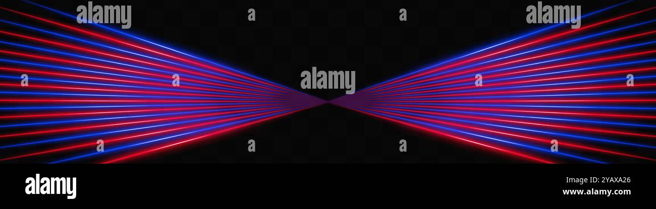 Symmetrical red and blue laser beams converging at a central point on a ...