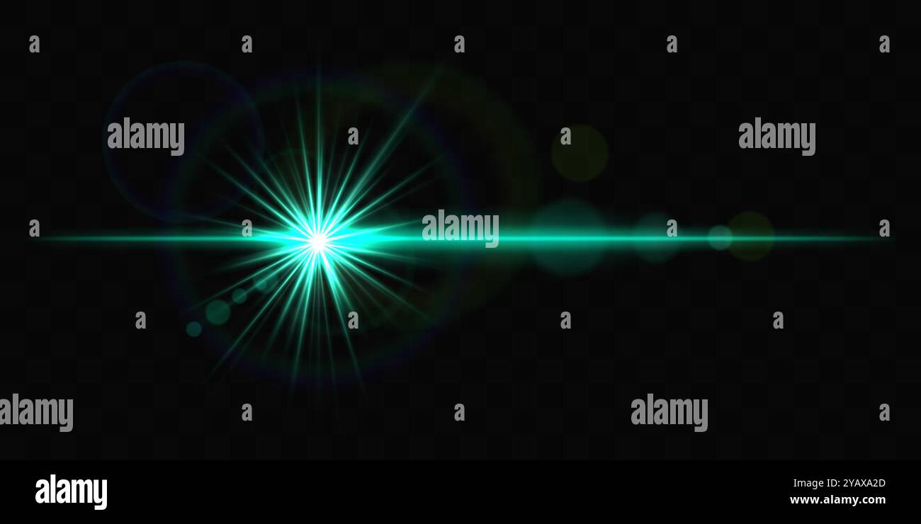 Bright green glowing light burst with lens flare on a black background ...