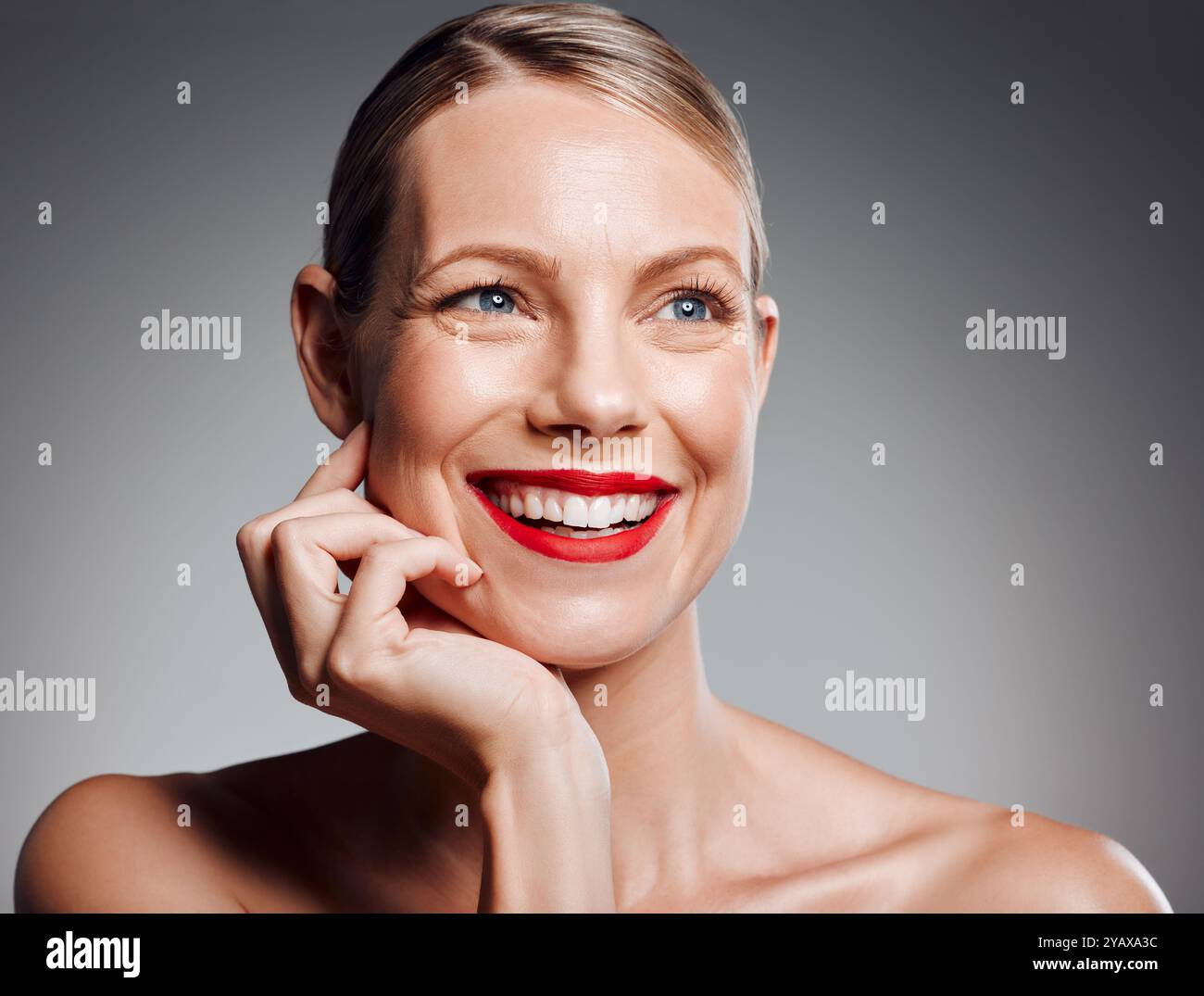 Thinking, smile and mature woman with makeup for glow, beauty results ...