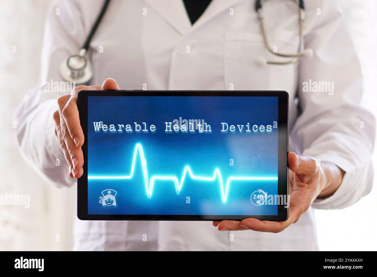 wearable health devices concept with a female doctor showing a tablet ...