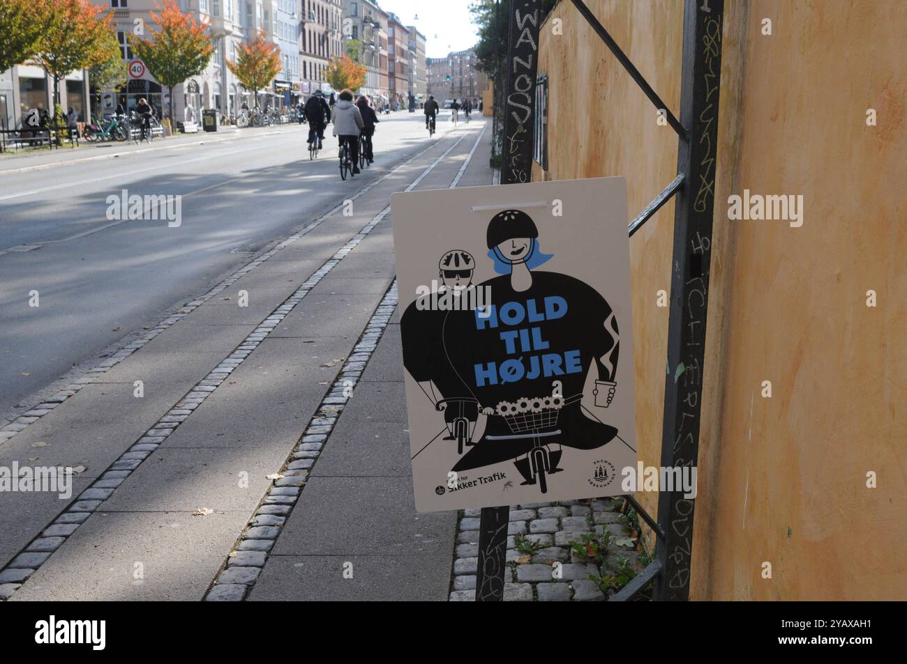 Copenhagen/ DenmarK/15 October 2024/ Traffic safty sign for bikers keep ...