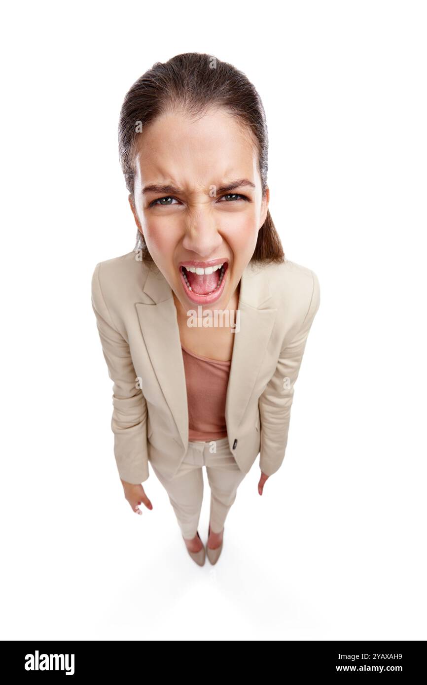 Shout, above and portrait of business woman in studio with anger, upset ...
