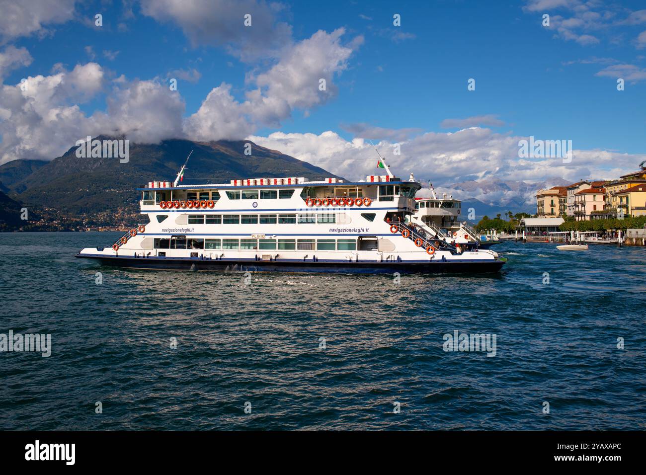 Europe Italy Lombardy Lake Como a car ferry arriving into Bellagio from ...
