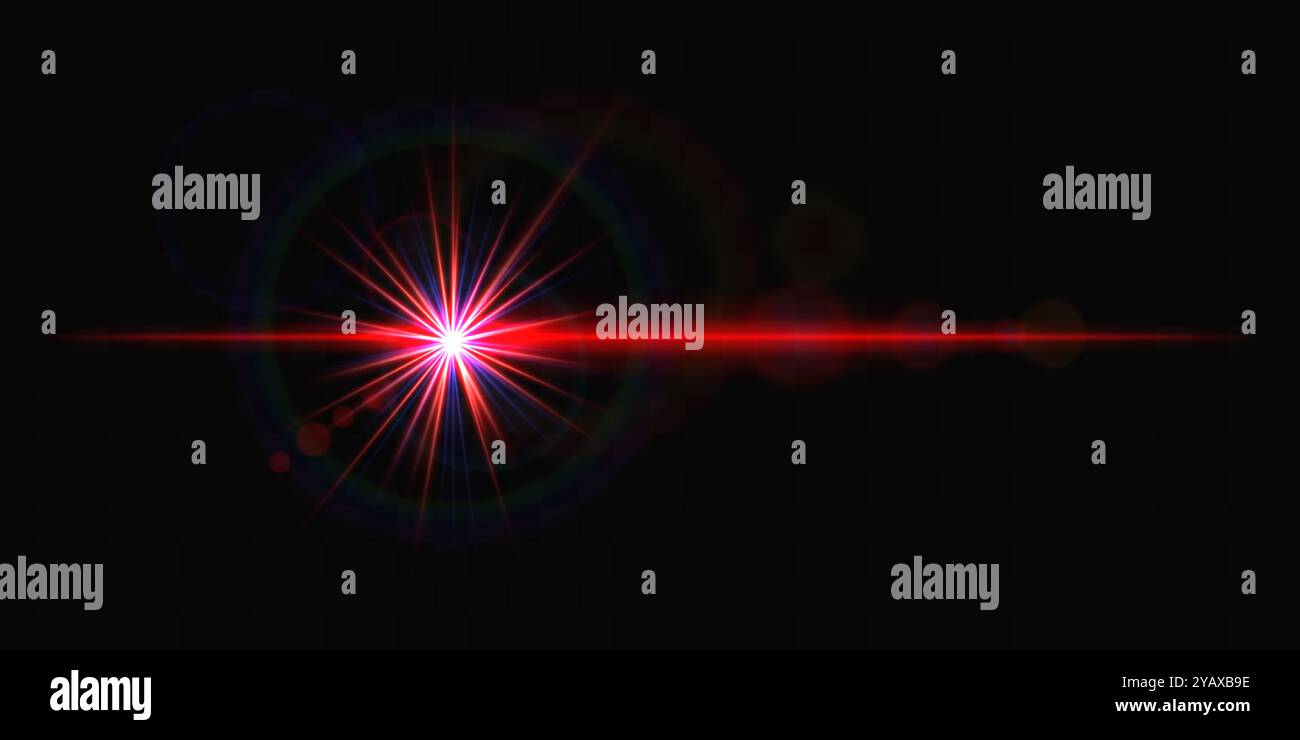 Bright red glowing light burst with lens flare on a black background ...
