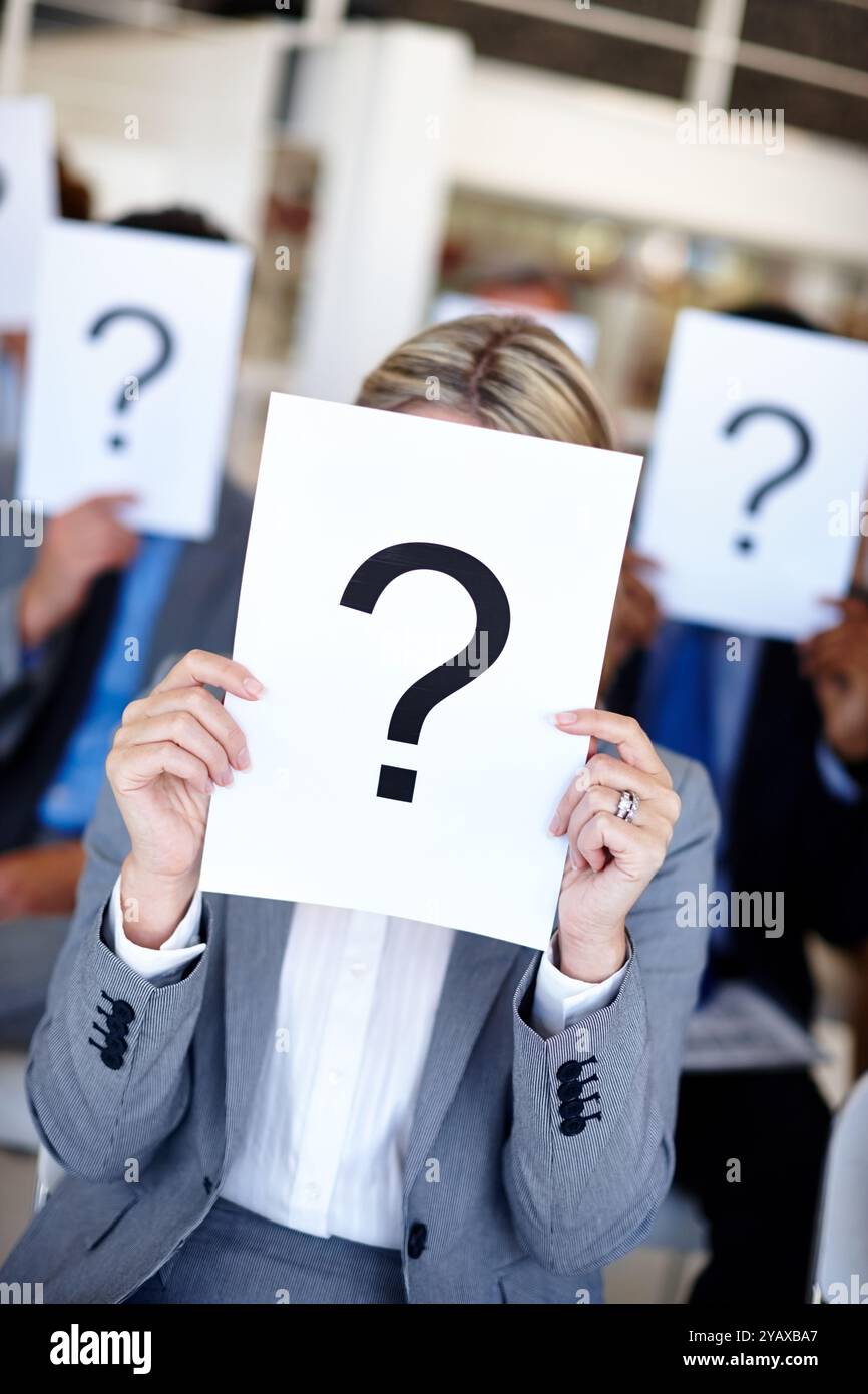 Office, paper and people with question mark on face for corporate ...